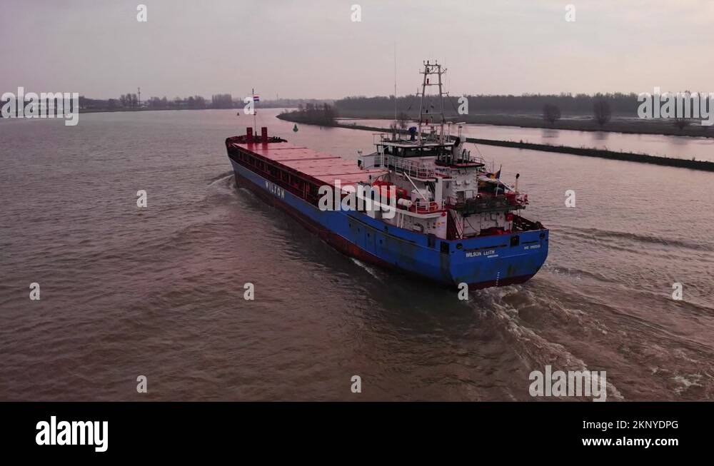Aerial Around Of Starboard And Stern View Of Wilson Leith Cargo Ship On ...