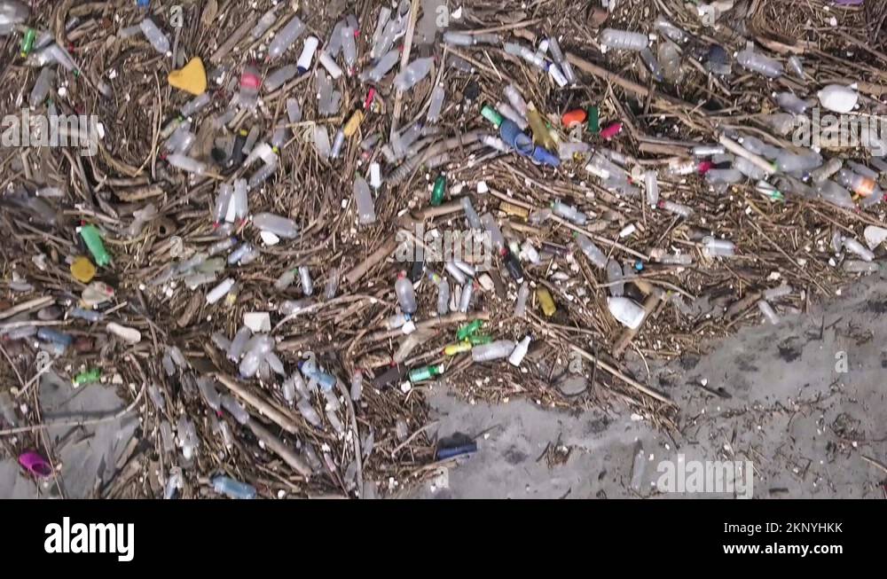 Trash polluting a beach with many plastic bottles and other waste ...