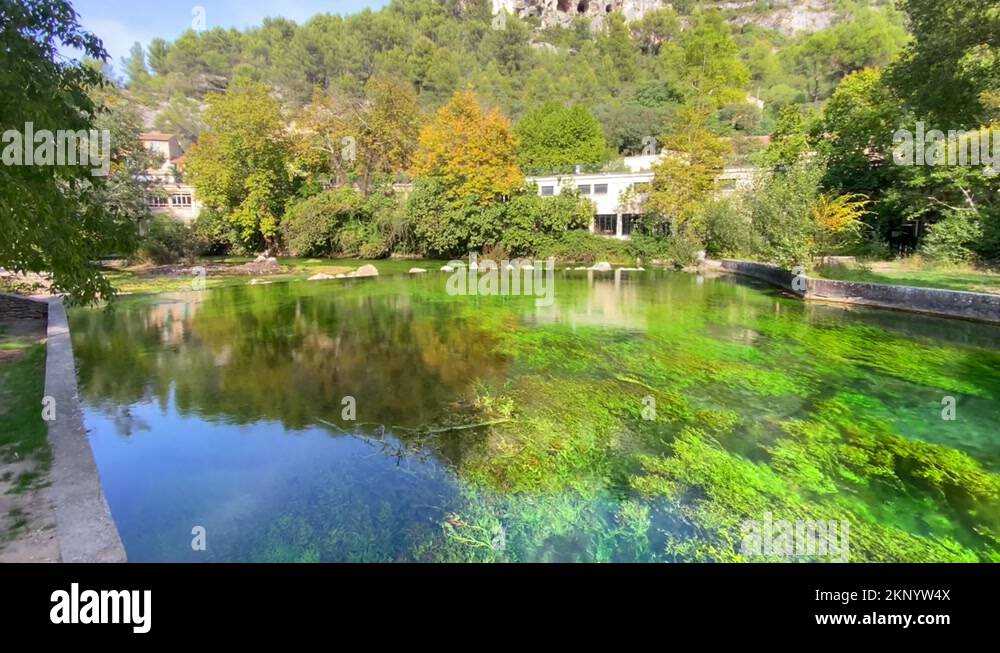 Green seaweed and waters of the Sorgue river in Fontaine-de-Vaucluse ...