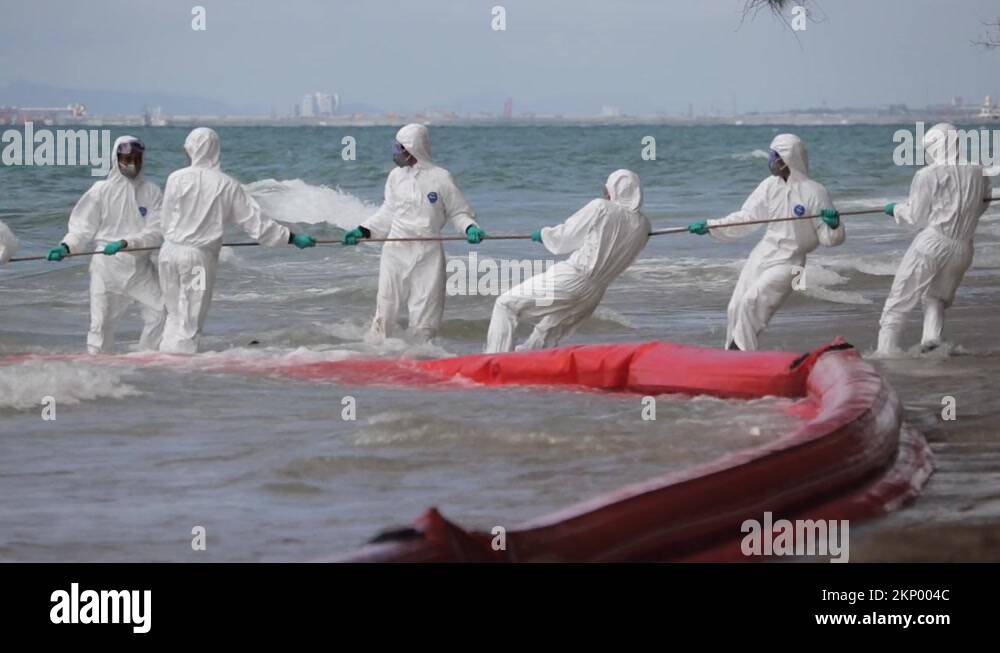 Oil Spill Cleanup. Navy Workers In Full PPE Pulling Rope Of Oil Boom ...