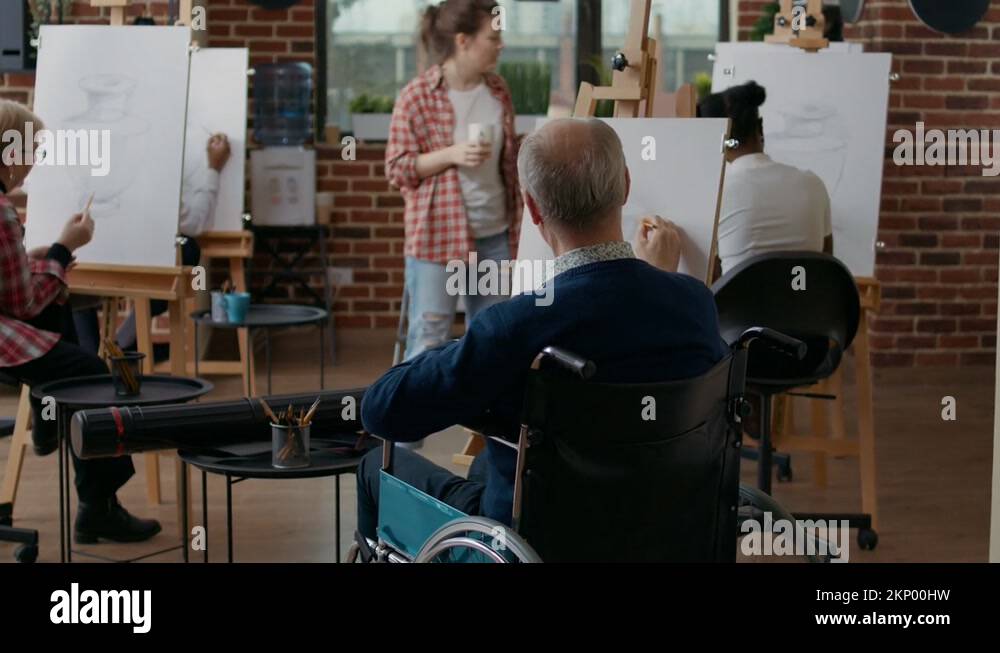 Old man with disability using pencil to draw masterpiece Stock Video ...