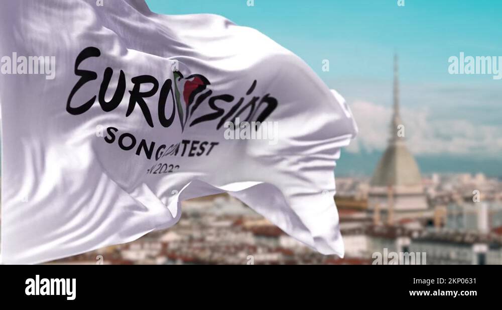 the Eurovision Song Contest 2022 flag waving with blurred landscape of ...