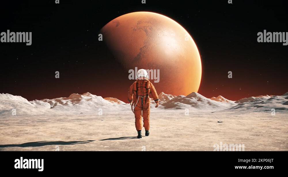 Male Astronaut In Space Suit Walking On Alien Planet. Planet Mars Is ...