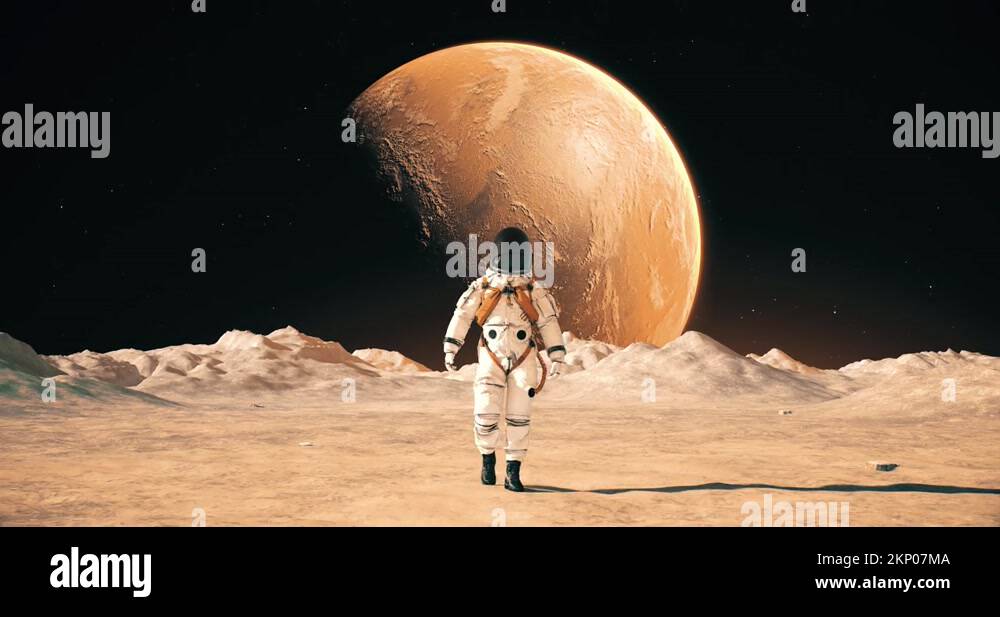 Astronaut Walking On A Planet Surface. Making First Steps. Mars ...