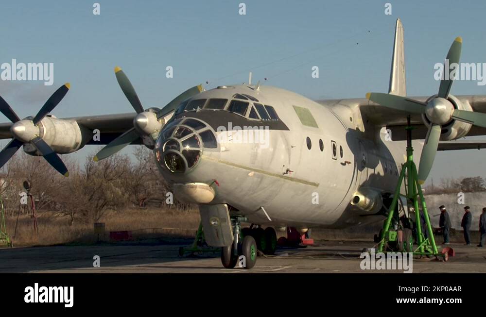 Antonov An-12 aircraft (NATO codification Cube) on hydraulic lifts ...