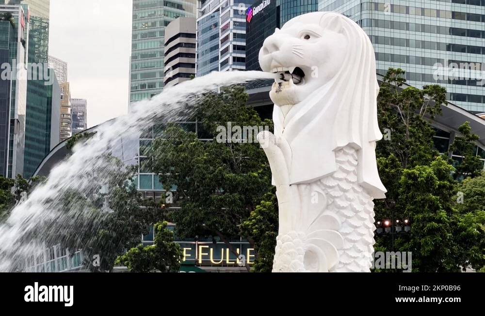 Tilt down shot of iconic Singapore mascot, mythical creature merlion at ...