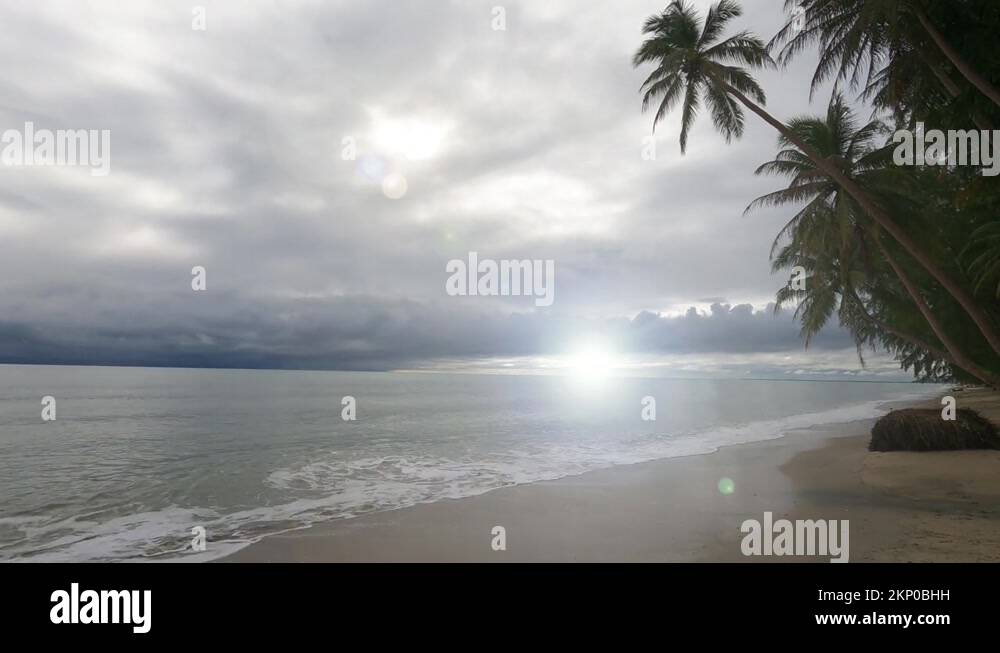 Sun light ray n Sunbeam Lens flare on dark rain cloud sky n palm tree ...