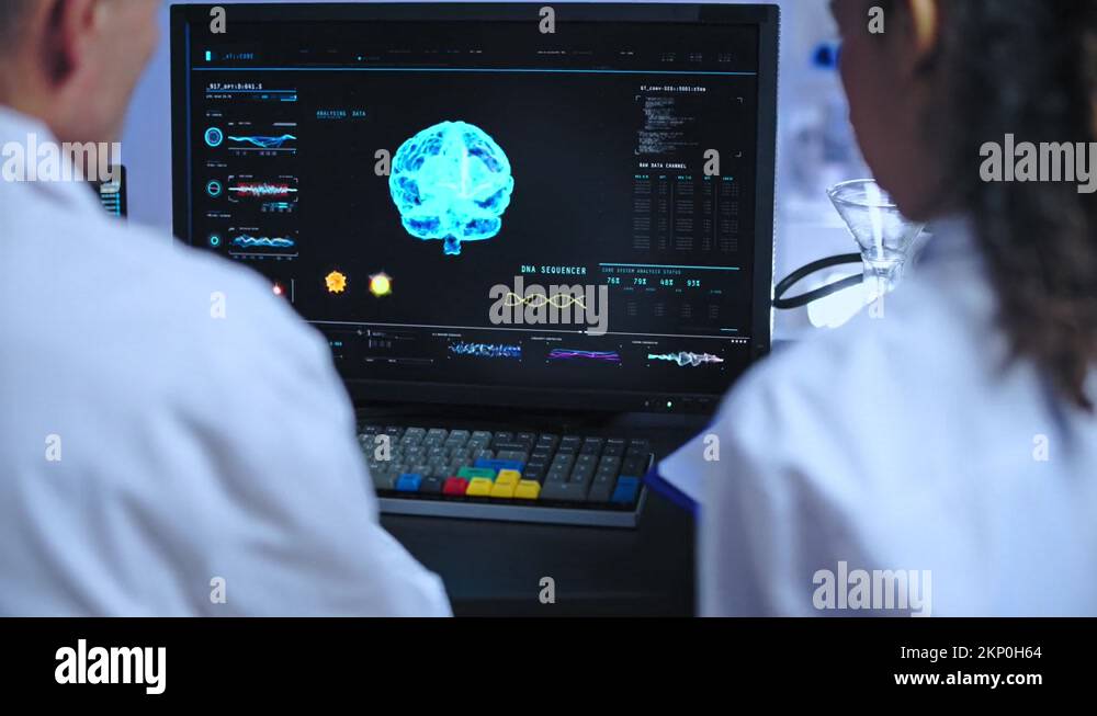Team of clinical scientists studying 3D brain image, neurology ...