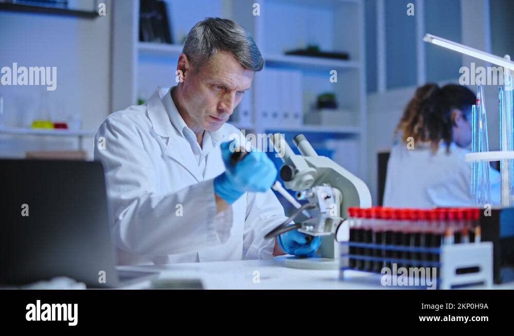 Medical lab professional examining blood sample under microscope ...