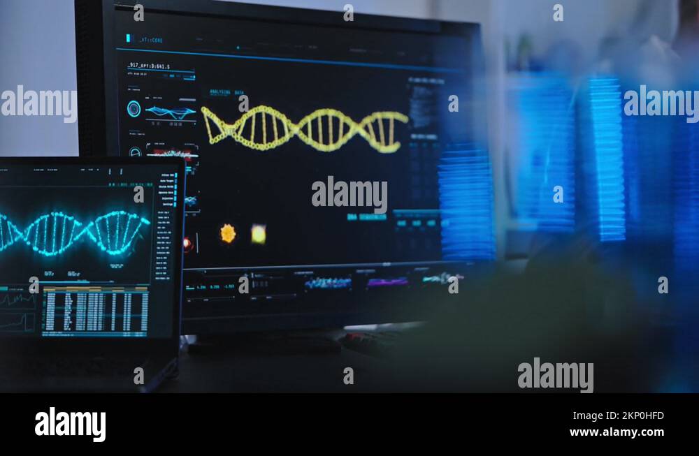 DNA chain animation on computers in genetic lab, modern technology ...