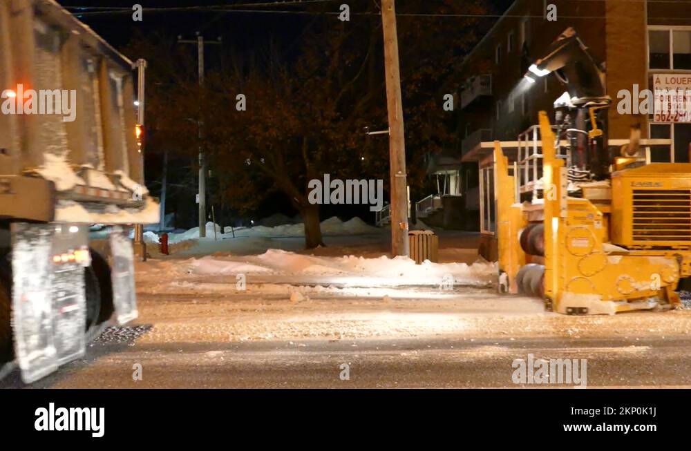 Winter Service Vehicles Clearing Snow On The Road At Night In ...