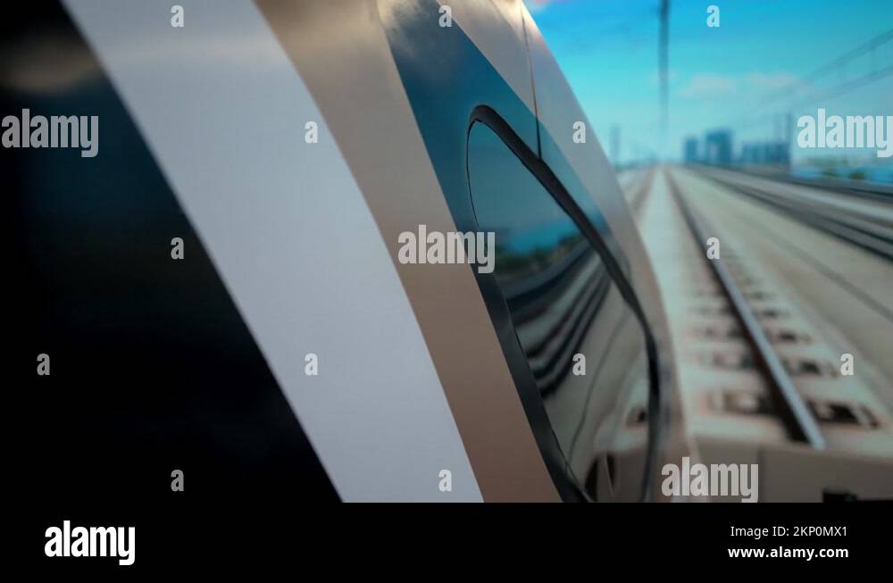 Futuristic modern automated train, rails, road. View railroad track ...