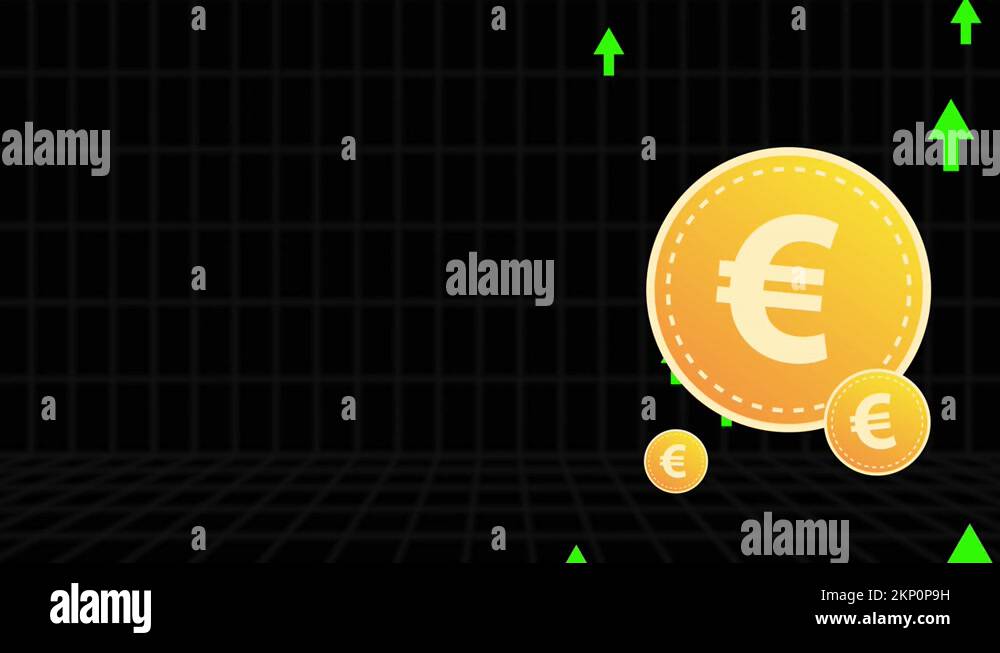 Euro coin with upward green arrows and black background. 2D animation ...