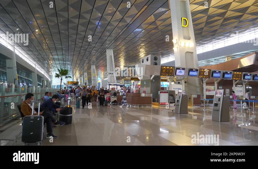 jakarta city international airport main check-in hall slow motion 4k ...