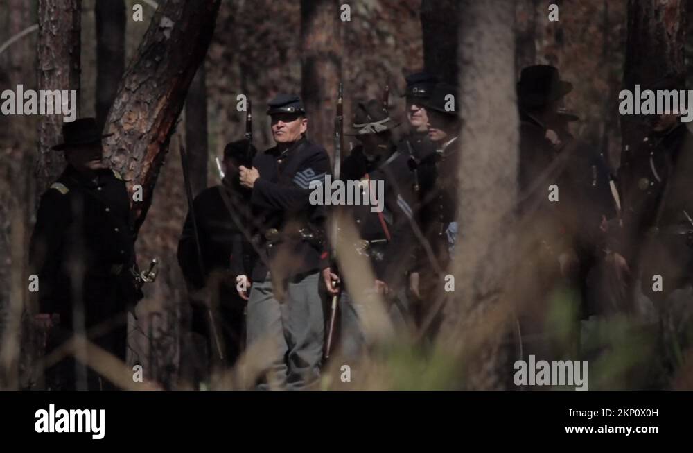 Civil War Battle Re-enactment - Union Soldiers marching into Southern ...
