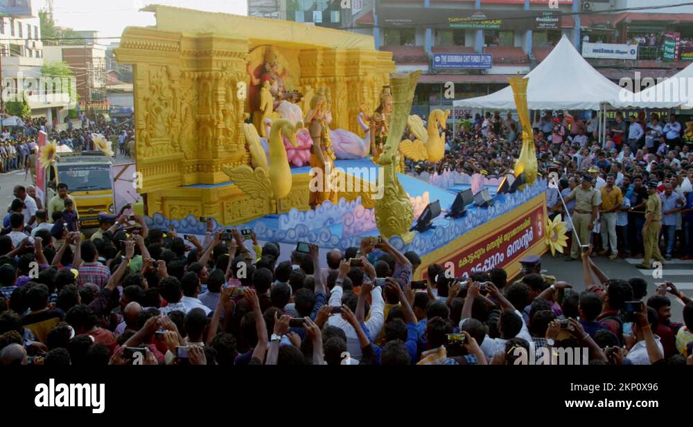 Side-view of a grand tableau portraying Hindu Gods and Goddesses in ...