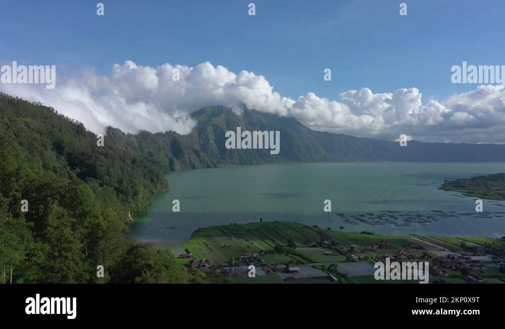bali island volcanic crater lake coastline small town aerial view 4k ...