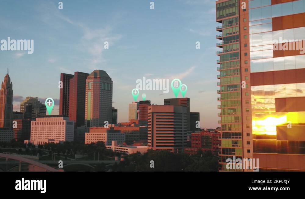 Pin markers showing points of interest on buildings in a city skyline ...