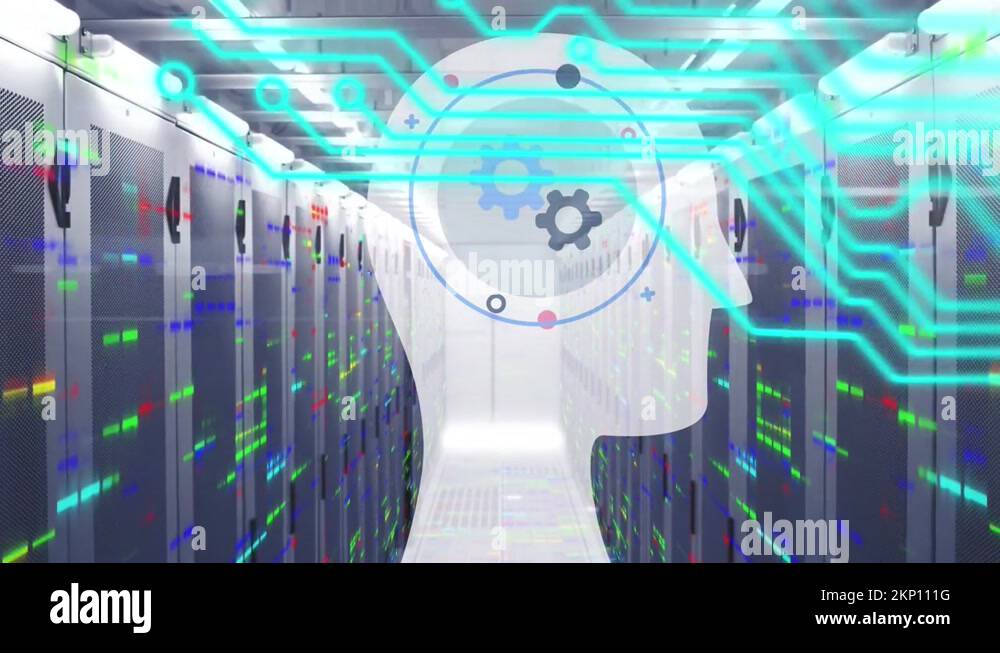 Animation of head with cogs and colourful shapes over server room Stock ...
