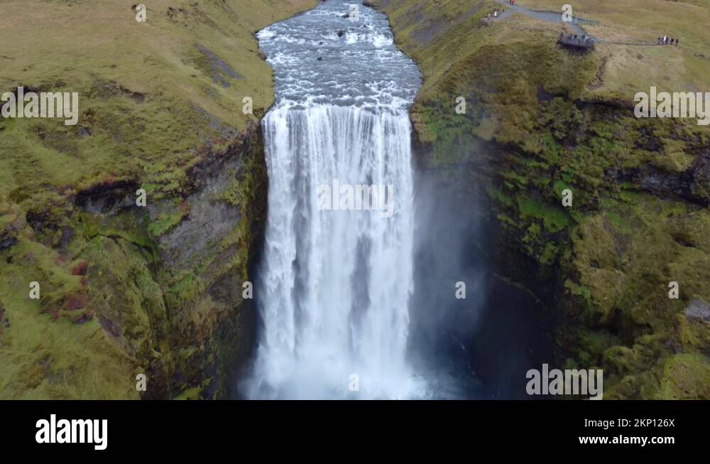 Skogafoss, Iceland's famous Ring Road waterfall. Aerial drone view of ...