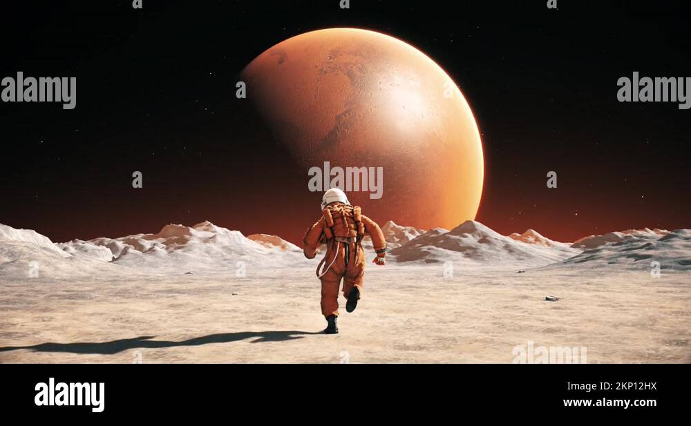 Male Astronaut In Space Suit Running On Alien Planet. Planet Mars Is ...