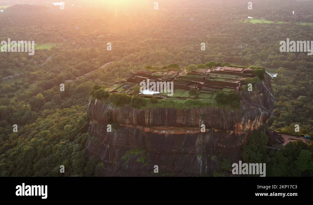 Aerial view of sunrise over the famous Sigiriya Rock Fortress called ...