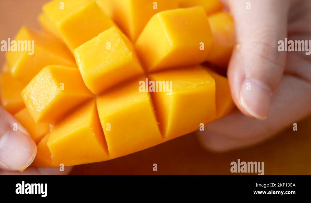 Cutting fresh mango fruit and showing the juicy diced pulp Stock Video ...