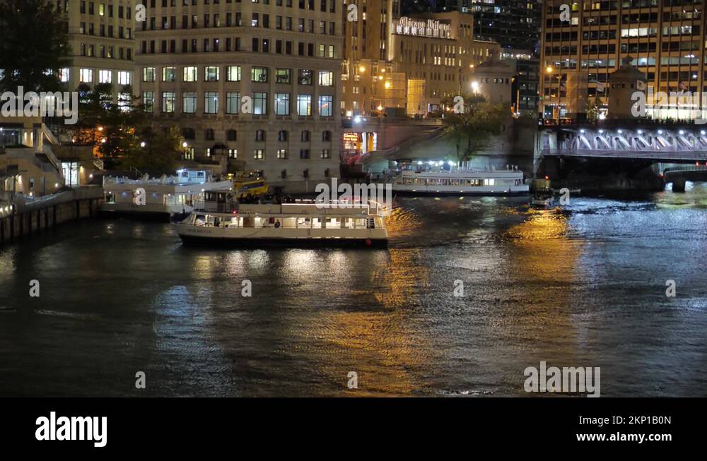 Chicago River and Riverwalk at Night, Illinois USA. Ferry Boat by ...