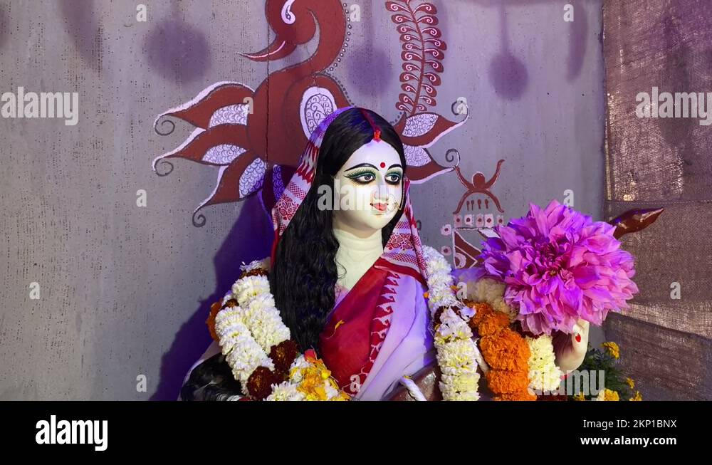 Idol of Goddess Saraswati being worshipped inside pandal , a temporary ...