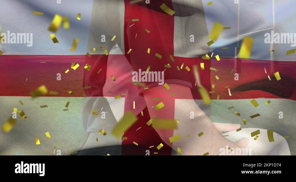 Animation of flag of england and confetti over caucasian male rugby ...