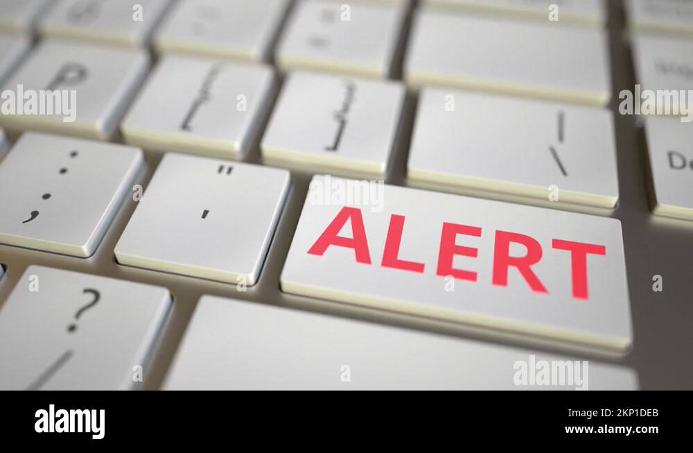 Alert key being destroyed on the computer keyboard. Conceptual 3D ...