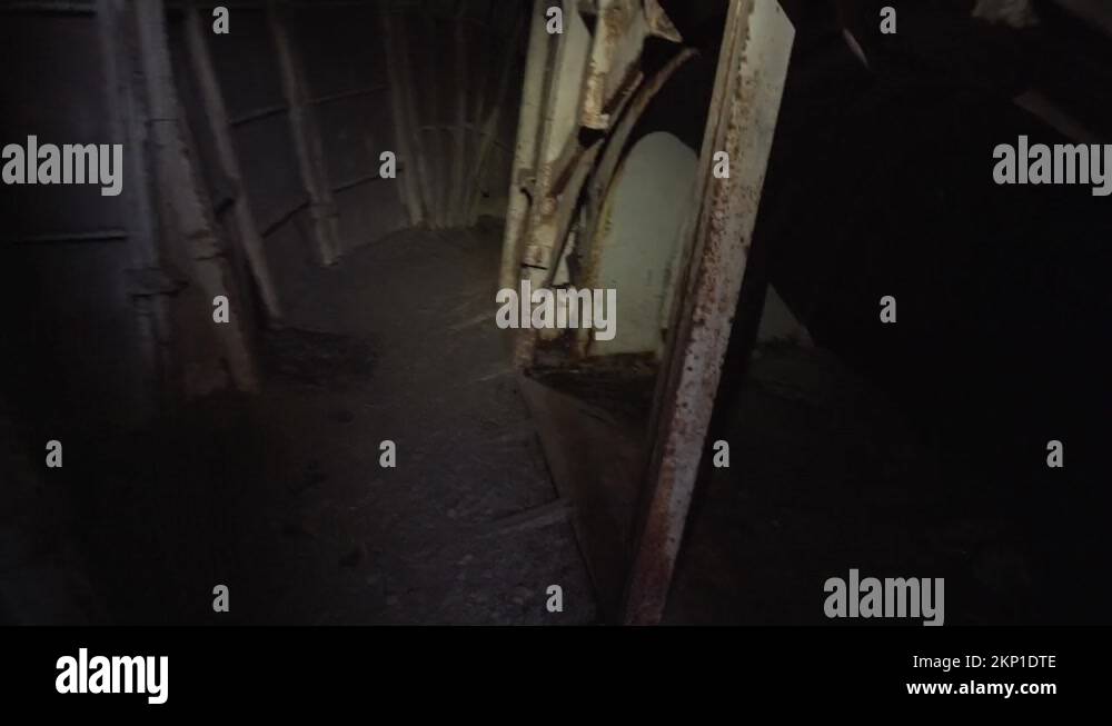 Scary dark underground deserted bunker walking with flashlight hunted ...