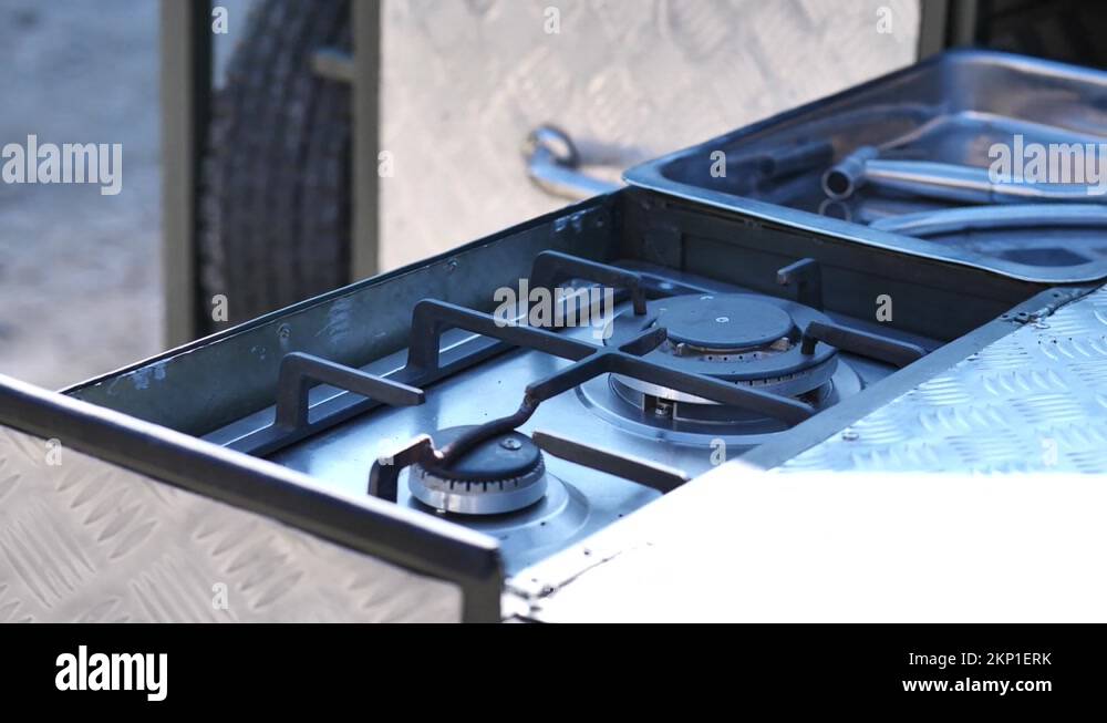 Empty stove in camper van outdoor look .Portable cooking gas stove ...