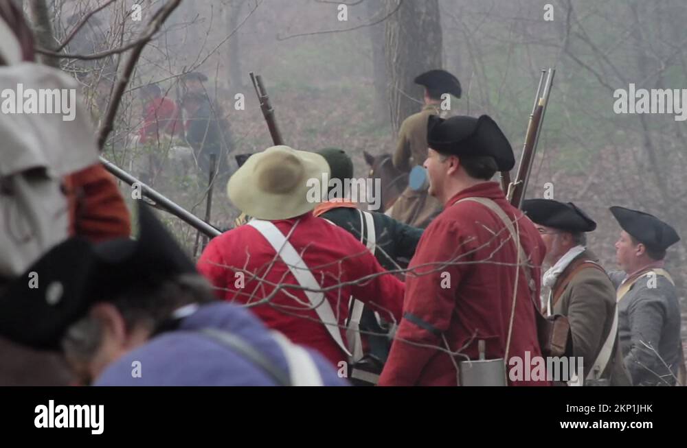 American Minutemen fight and FIRE muskets on Battle Road circa 1775 ...