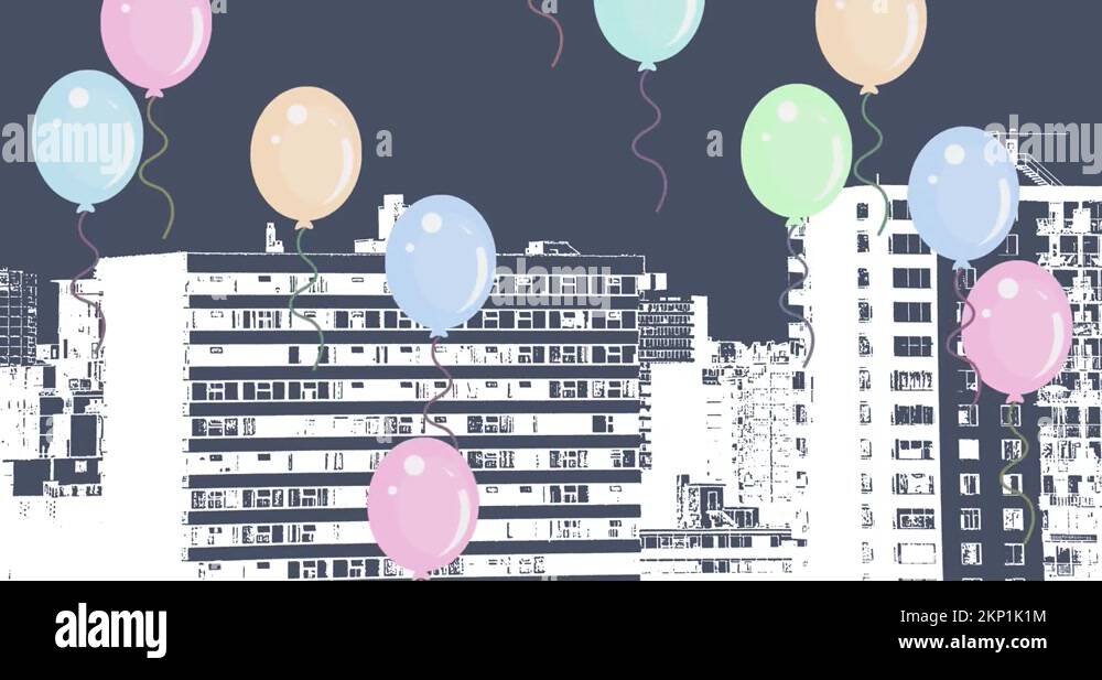 Digital animation of multiple balloons floating over 3d tall buildings ...