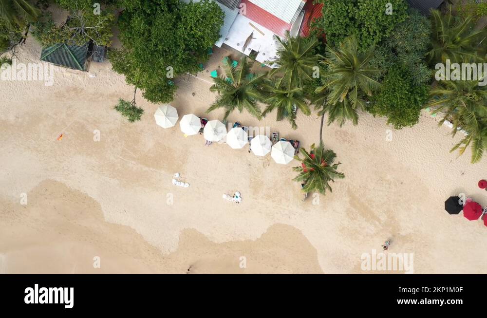 Aerial top down view of parasols on the Mirissa tropical beach in Sri ...