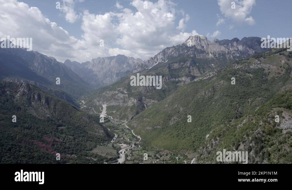 Frontal drone video advancing over the Valbone valley, Albania, Rogam ...
