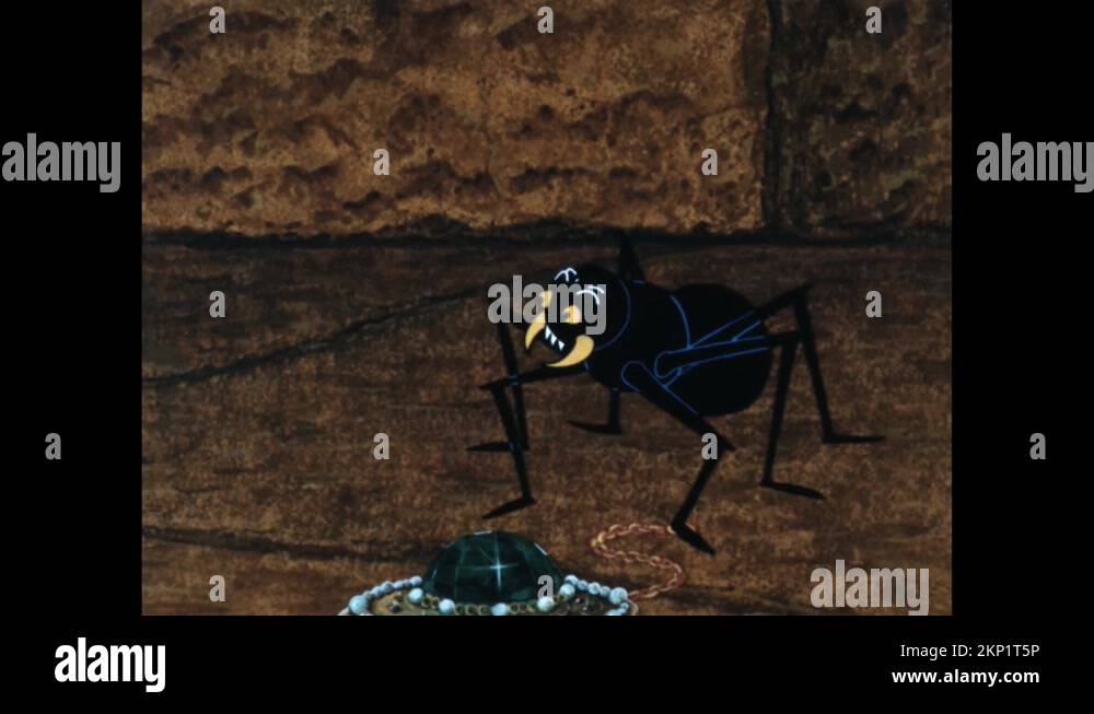 1960s: Tom Thumb fights spider. Mouse runs. Treasure chest. Knights run up to Stock Video ...