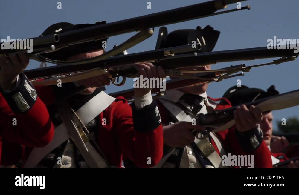 British Redcoat Re-enactor Soldiers armed with flintlock muskets - Aim ...