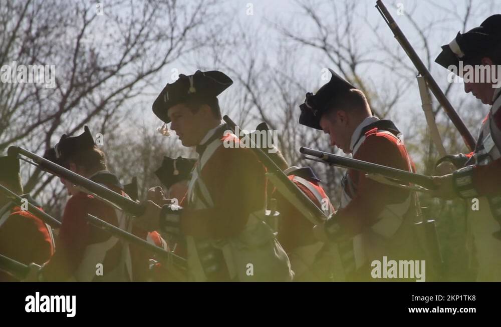 British Redcoat Re-enactor Soldiers armed with flintlocks - Load ...