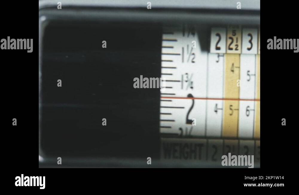 1950s: Needle on gauge of scale points to two pound. Woman weighs candy ...