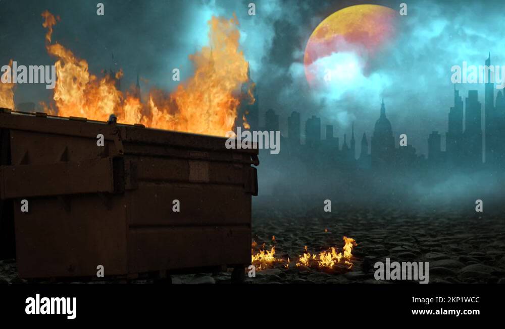 Dumpster Fire Orange Moon Lightning Clouds Background 4K Stock Video ...