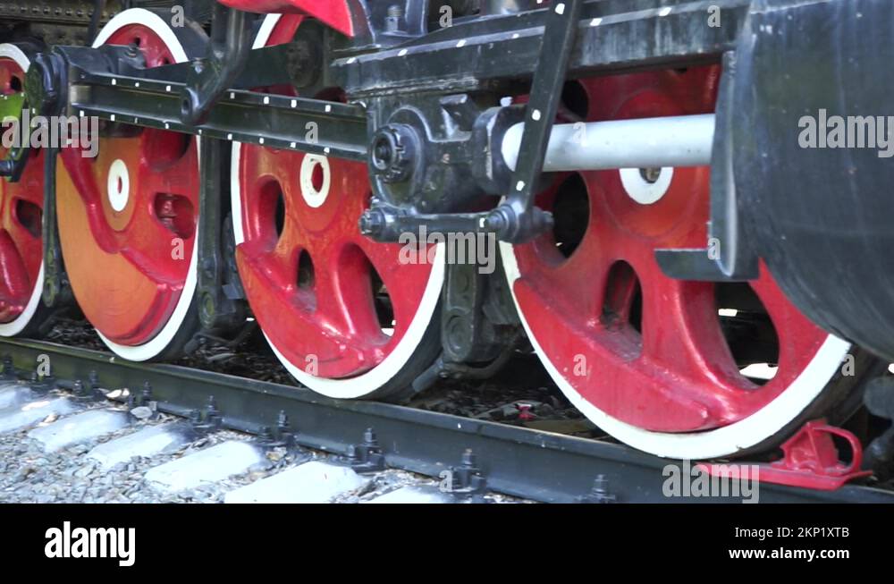 Old locomotive wheels close up. Detail of steam locomotive, side ...
