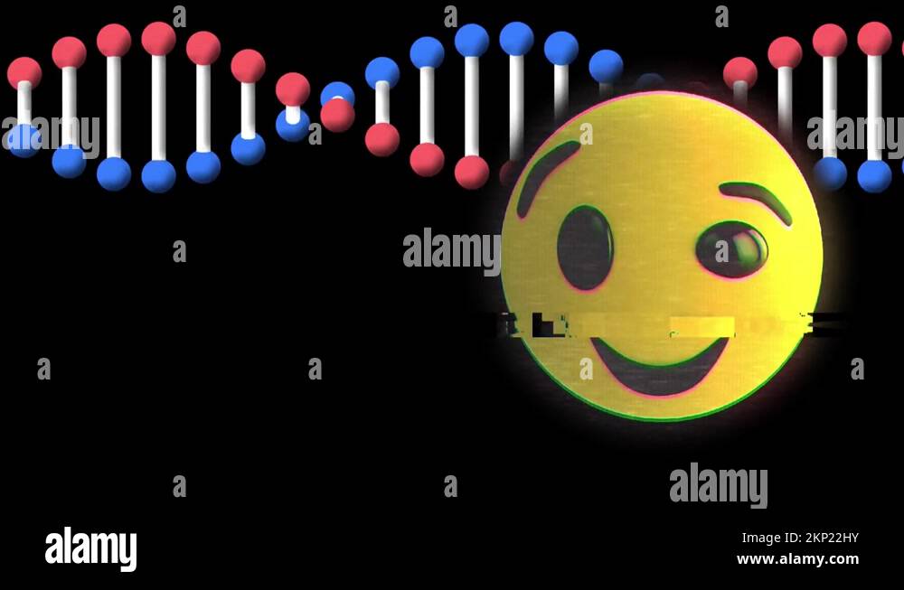 Animation of blinking emoticon over dna chain on black background Stock ...