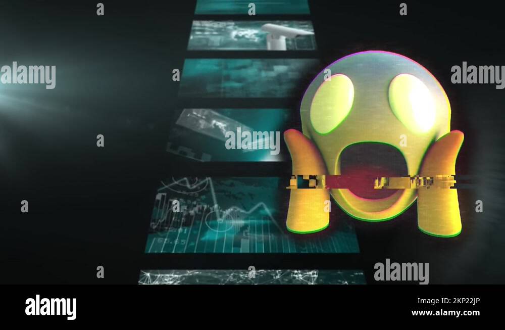 Animation of scary emoticon over data moving on screens over black ...