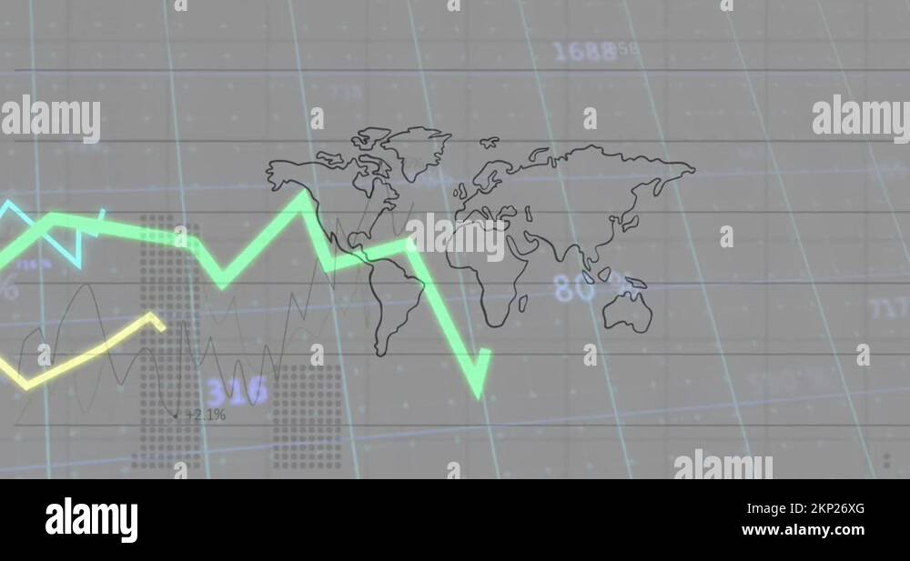 Animation of statistics processing with lines over world map with grid ...