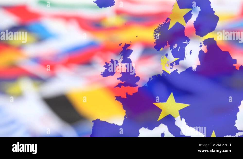 Animation of flag of european union over map of europe and national ...