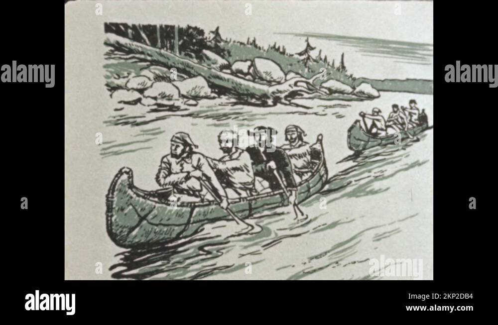 1950s: Drawing of men traveling by canoe. Drawing of large wooden barge ...