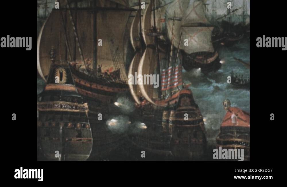 Holland 1960s: Detail of a painting of the Battle of Trafalgar. Slate ...