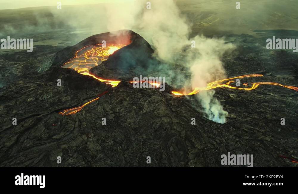 Volcanic Eruption in Iceland at Golden Hour - Aerial Tracking Stock ...